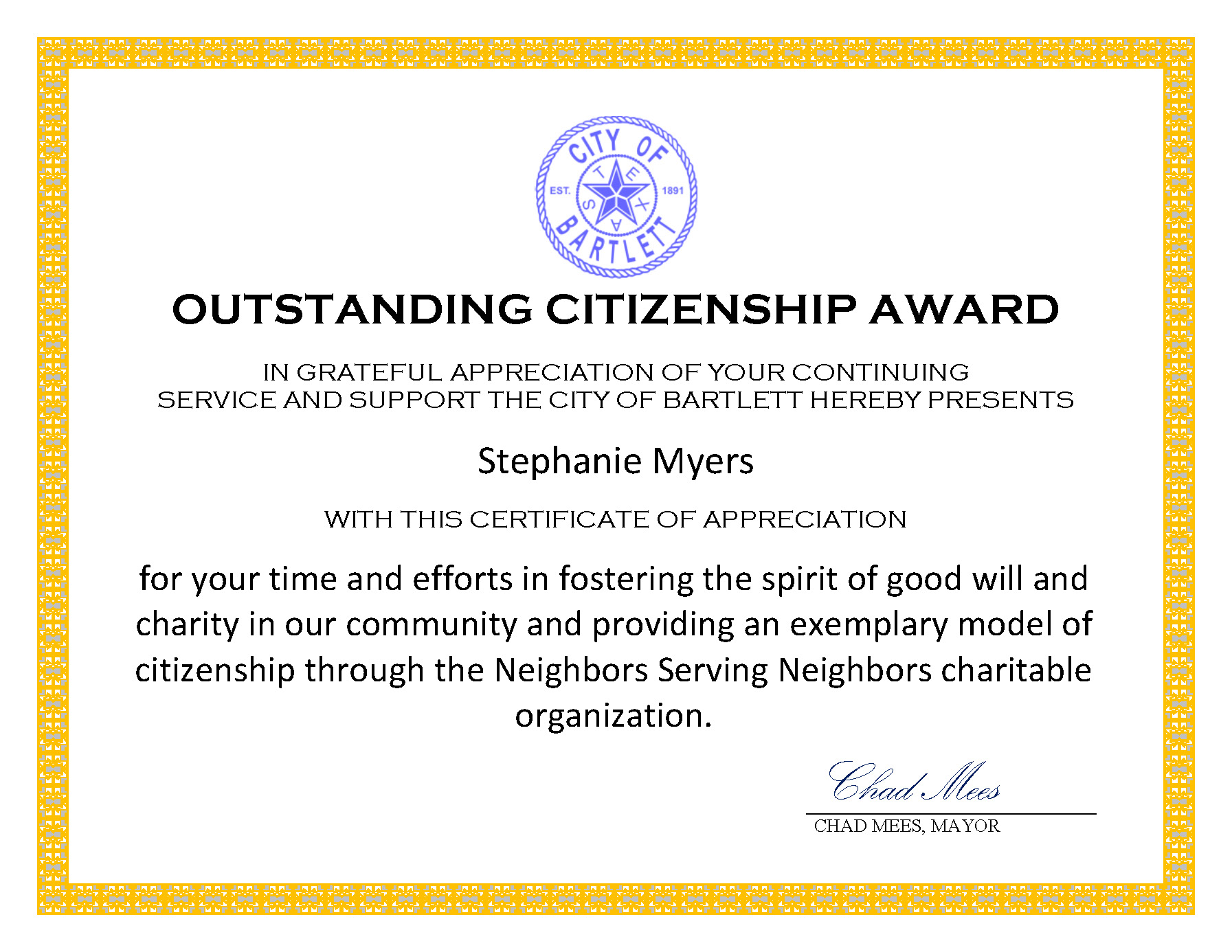 Outstanding Citizenship Award - Stephanie Myers - 06.13.2022 | Bartlett ...