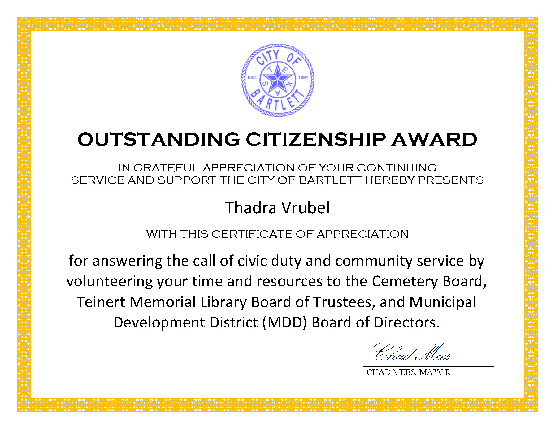 Outstanding Citizenship Award - Thadra Vrubel - 02.14.2022 | Bartlett Texas