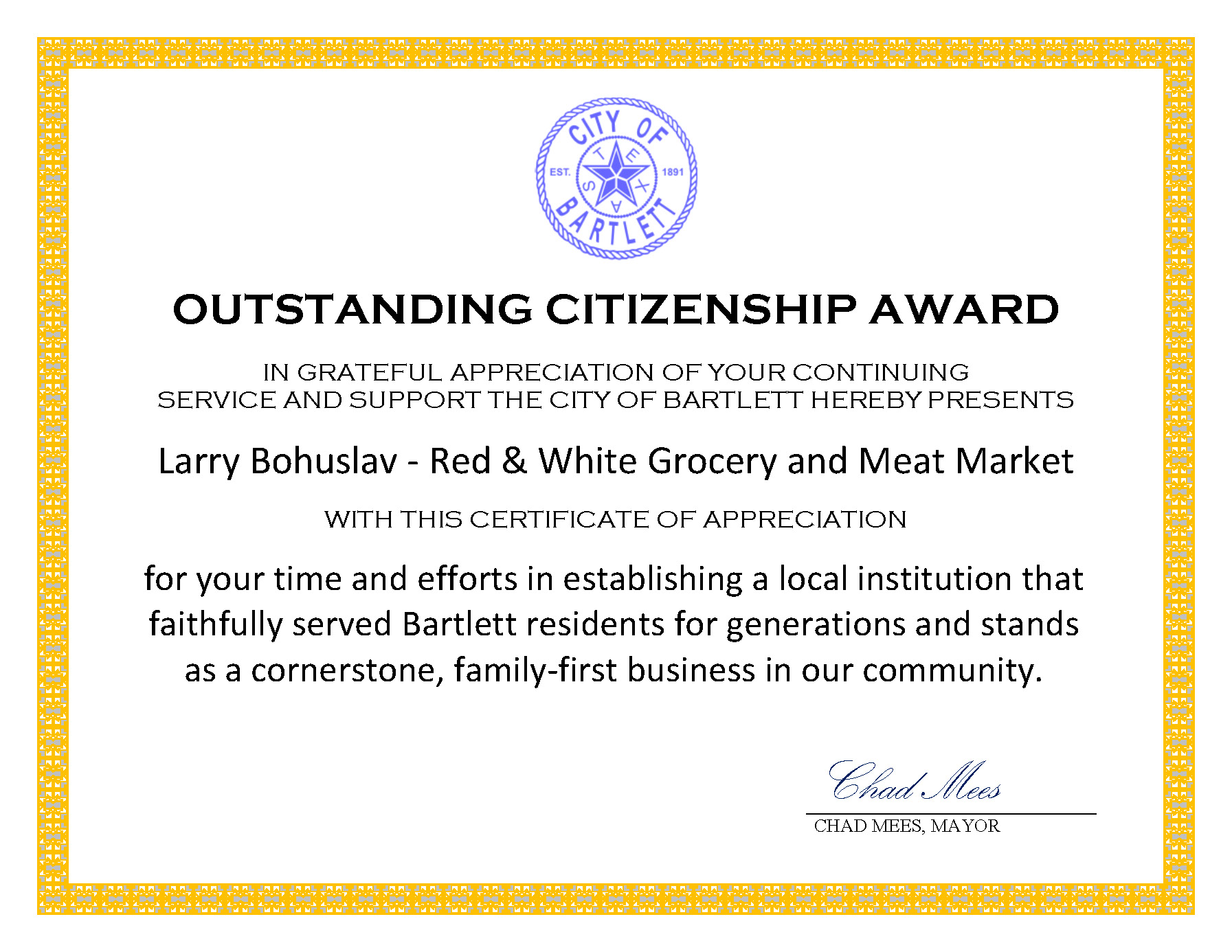 Outstanding Citizenship Award - Larry Bohuslav - 09.12.2022 | Bartlett Texas
